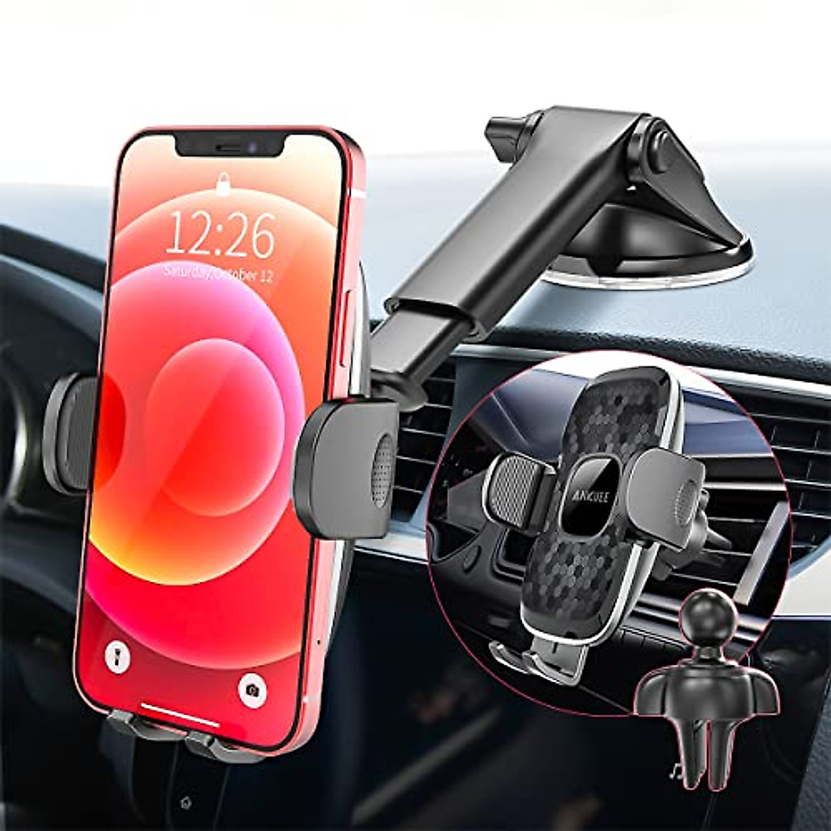Car Phone Holder Mount, Suction Cup Cell Phone Holder with Gel Pad for Dashboard Windshield Air Vent 3-in-1, Stable Universal Cellphone Mount Holder Compatible with iPhone, Samsung, Android Mobile