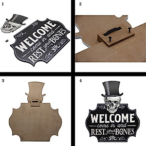 DR.DUDU Halloween Door Decoration, Halloween Welcome Sign, Halloween Skeleton Hanging Welcome Sign, 16" Wood Door Sign Haunted House Skeleton Decor, Halloween Wall Sign (black)