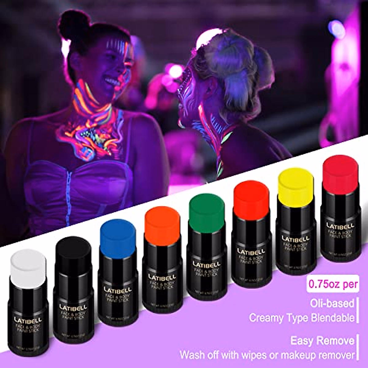 Pink Face Paint Sticks UV Body Panit - 0.75 oz Professional Blacklight Reactive Glow Paint for Adult Kids, Oil Foundation Makeup Blendable Sticks, Glow in The Dark Paint Neon Party Supplies