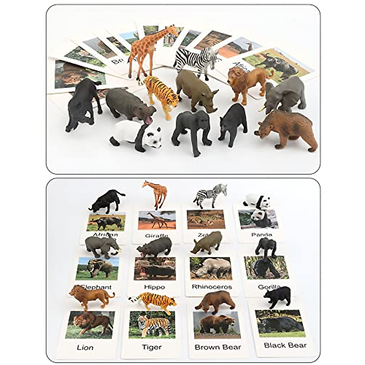 MIKNEKE Montessori Animal Figures with Flash Cards, Realistic Animal Figurines Toys, Montessori Materials Homeschool Preschool Science Educational Matching Game for Toddler Kids (Zoo)