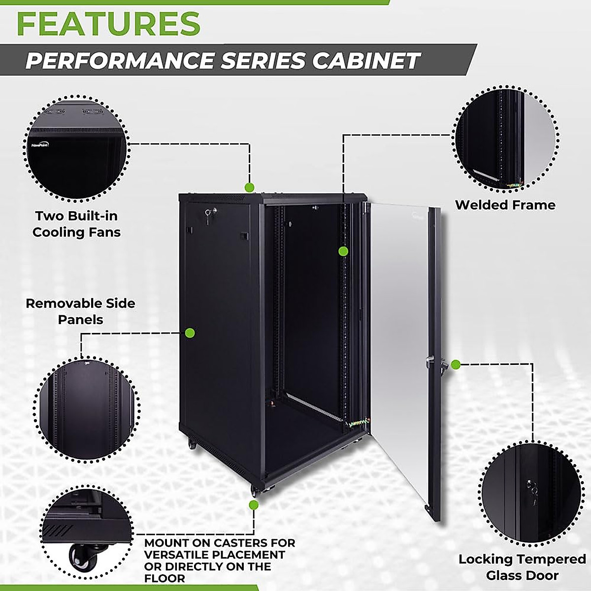 NavePoint 22U Server Cabinet Wall Mount Rack Enclosure with Caster Wheels, 2 Fans, Locking Glass Door, Removable Side Panels – 22U Network Cabinet 23.6” Deep, 19” Server Rack for A/V Equipment