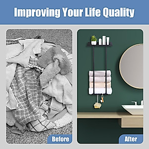 LIHOBI Towel Racks for Bathroom Wall Mounted, 15-30'' Adjustable Towel Holder with Shelf, 3 Hooks, and for Rolled Towels, Towel Storage for Bathroom Organizer, Black