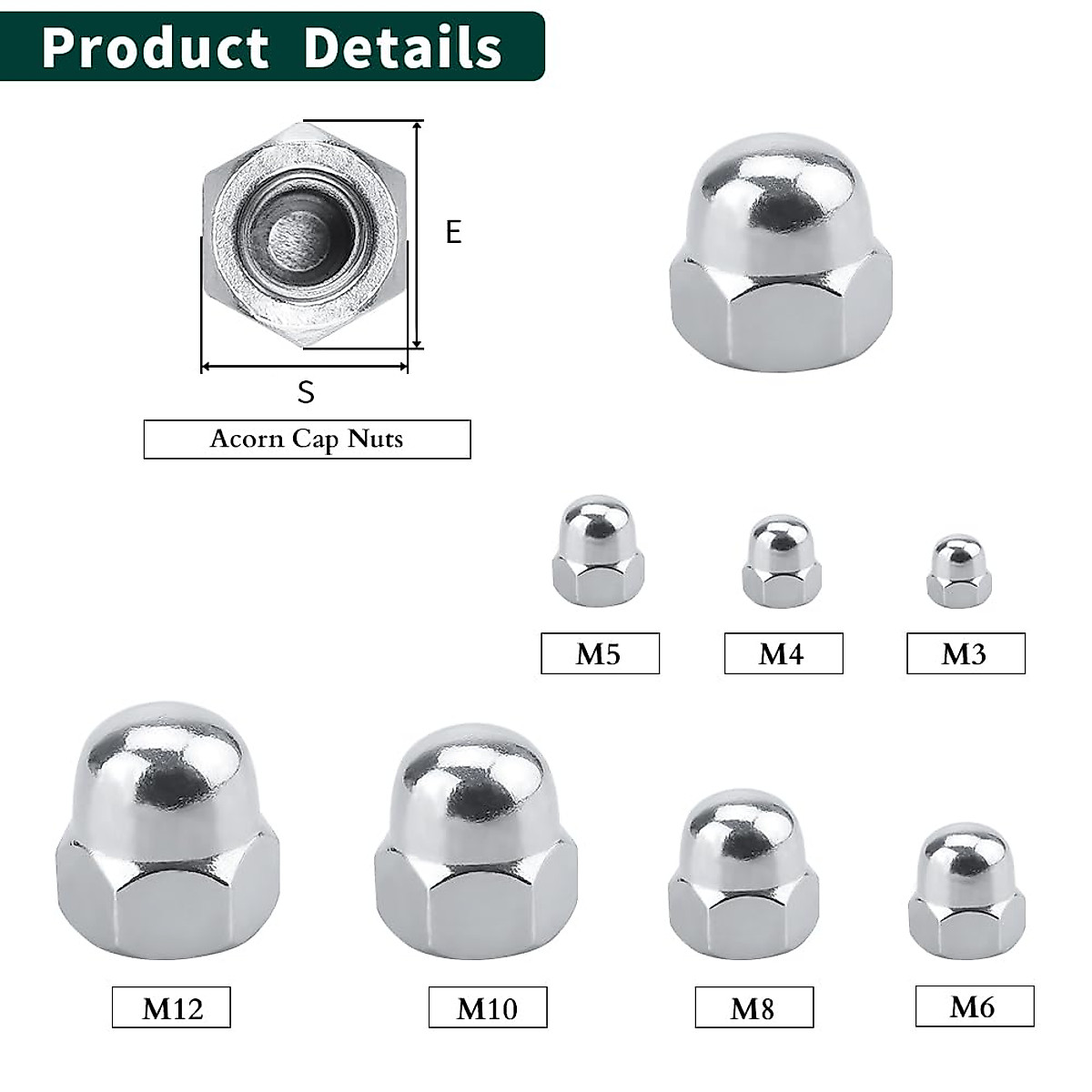 M10-1.5 (20 pcs) Acorn Hex Cap Nuts Metric Dome Head Nuts, 304 Stainless Steel 18-8, Plain Finish, DIN1587