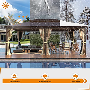 MELLCOM 14'x20' Galvanized Steel Hardtop Gazebo, Aluminum Frame Metal Outdoor Gazebo with Double Roof and Netting and Curtains for Patio Lawn Garden Brown