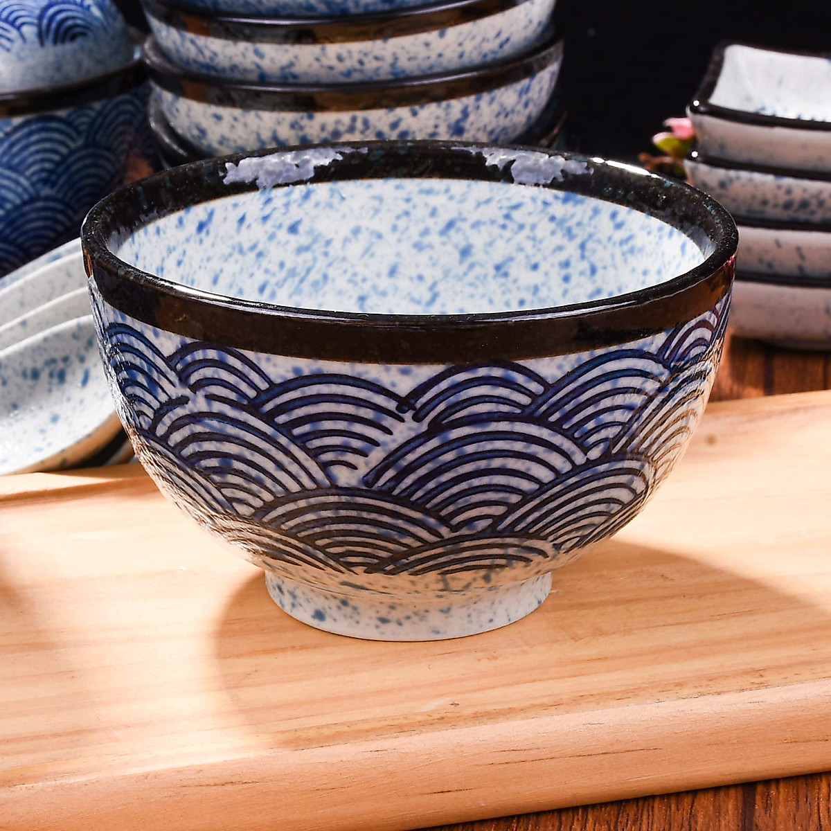 Cerficer Japanese Rice Bowl - 10.2oz Ceramic Sushi Bowl with Blue Wave Pattern,Thickened Bowl Wall,Perfect Small Bowl for Rice, Snacks, Desserts, and Sauces,Asian Rice Bowl Set