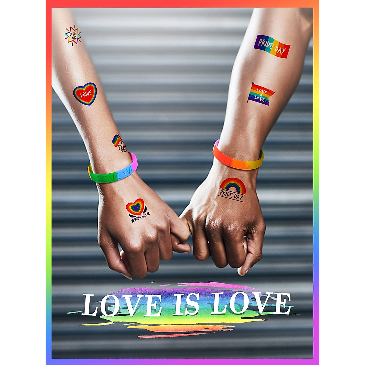 Abitoncc 91Pcs Gay Pride Accessories Stuff Set - Progress Pride Flag 3x5 Outdoor 24 Pack Mini Hand Held Small Pride Flags 24Pcs Pride Wristband Temporary Pride Tattoo Stickers Pride Stuff for Pride Month Outdoor Celebration Gay Progress Pride Party Favors