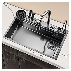 304 Stainless Steel Kitchen Sink,Nano Digital Display Waterfall Sink,with Flying Rain Pull-Out Faucet, Pressurized Cup Washer,Knife Holder Box (Color : Black Grey, Size : 80x46x23.5cm)