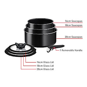 Tefal Ingenio Easy ON 7 piece Non-Stick Saucepan Set, 16&18&20 cm Saucepans, 16&18&20 cm Glass Lids, Bakelite Removable Handle, Easy Cleaning, Heat Indicator, Black, L1599602