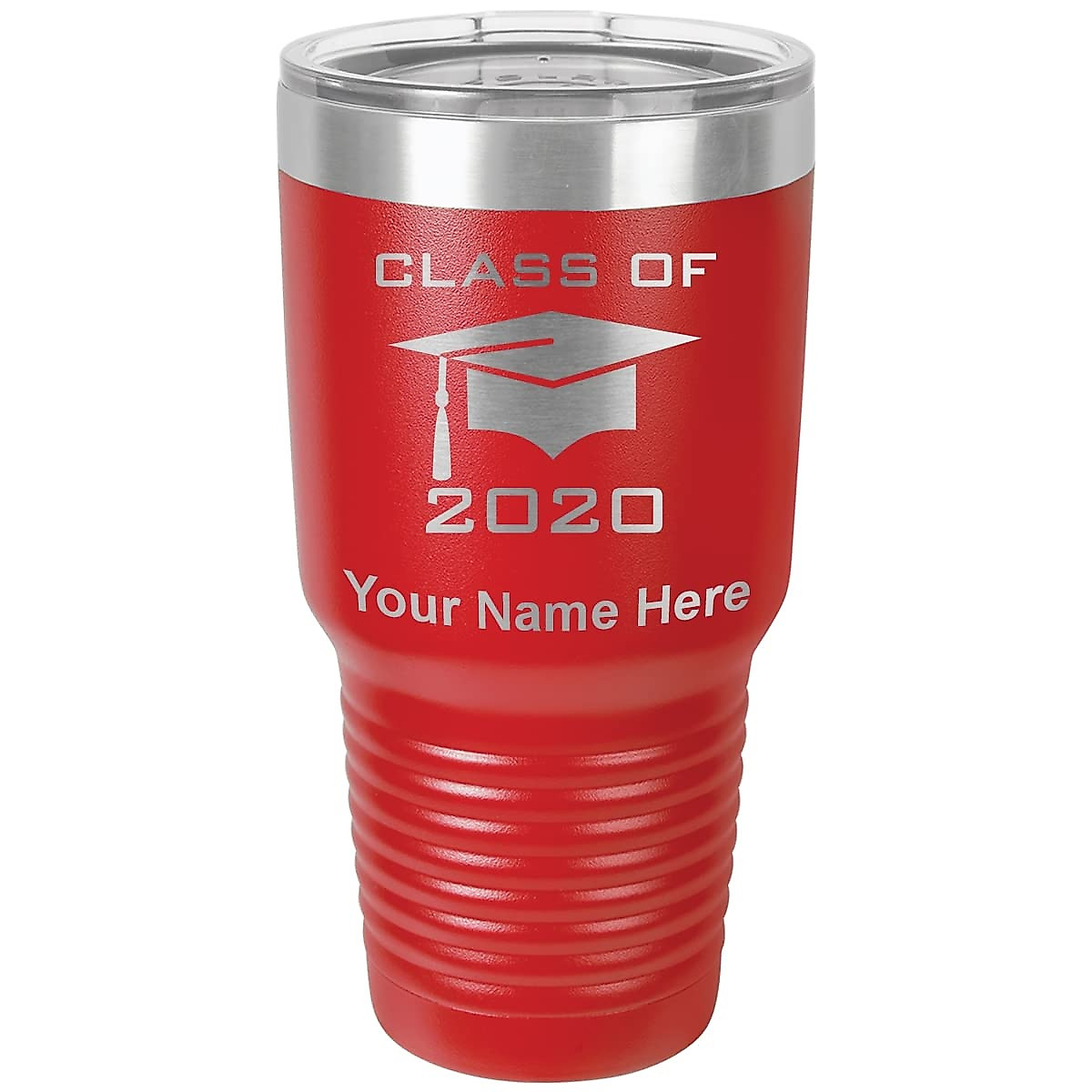 LaserGram 30oz Vacuum Insulated Tumbler Mug, Grad Cap Class of 2023, 2024, 2025, 2026, 2027, Personalized Engraving Included (Red)