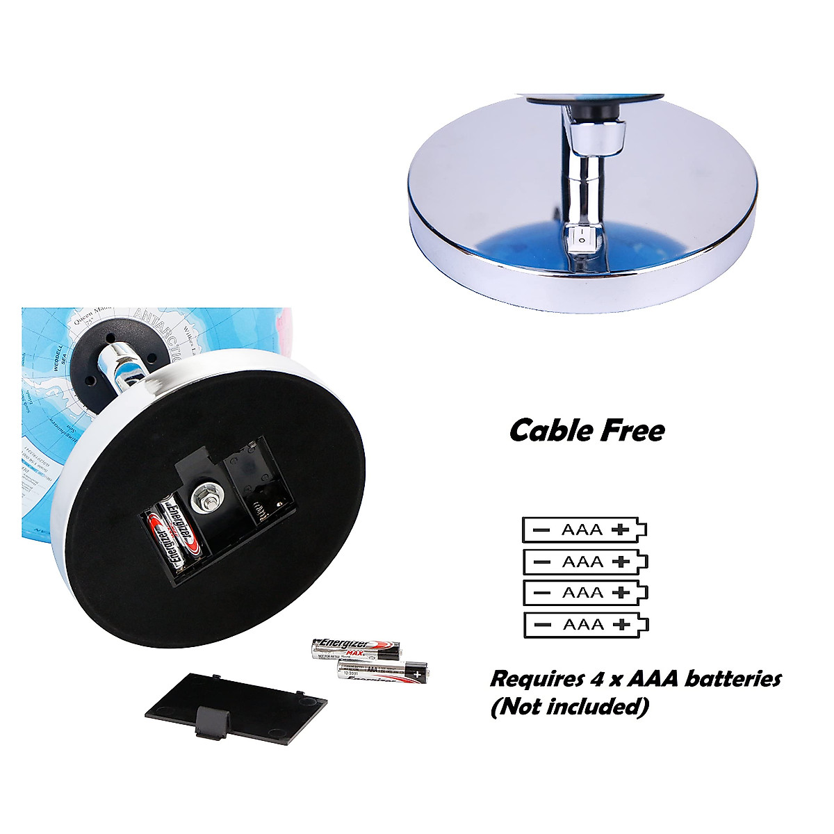 Exerz Illuminated World Globe 9.1-inch Diameter Metal Base - Political Map (Day) Constellation Globe (Night) - 2 in 1 Light up Cable Free LED lamp