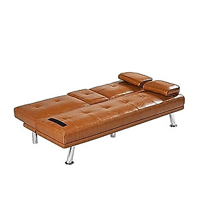 Convertible Folding Futon Sofa Bed with Metal Legs & 2 Cupholders, Modern Fabric Leather Upholstered Couch Loveseat Sleeper, Folding Couches Bed, Removable Armrests for for Small Spaces (Brown+New)