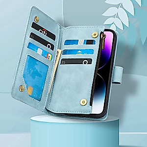 LANYOS for iPhone 13 (6.1 inch) Wallet Case with Card Holder for Women Men，PU Leather Kickstand Zipper Flip Folio RFID Blocking Card Slots Phone Cover with Wrist Strap (Baby Blue)