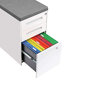 Laura Davidson Furniture STOCKPILE Seated 3 Drawer Mobile File Cabinet with Removable Magnetic Cushion Seat - Metal Filing Cabinet, Pre-Assembled, White with Grey Cushion