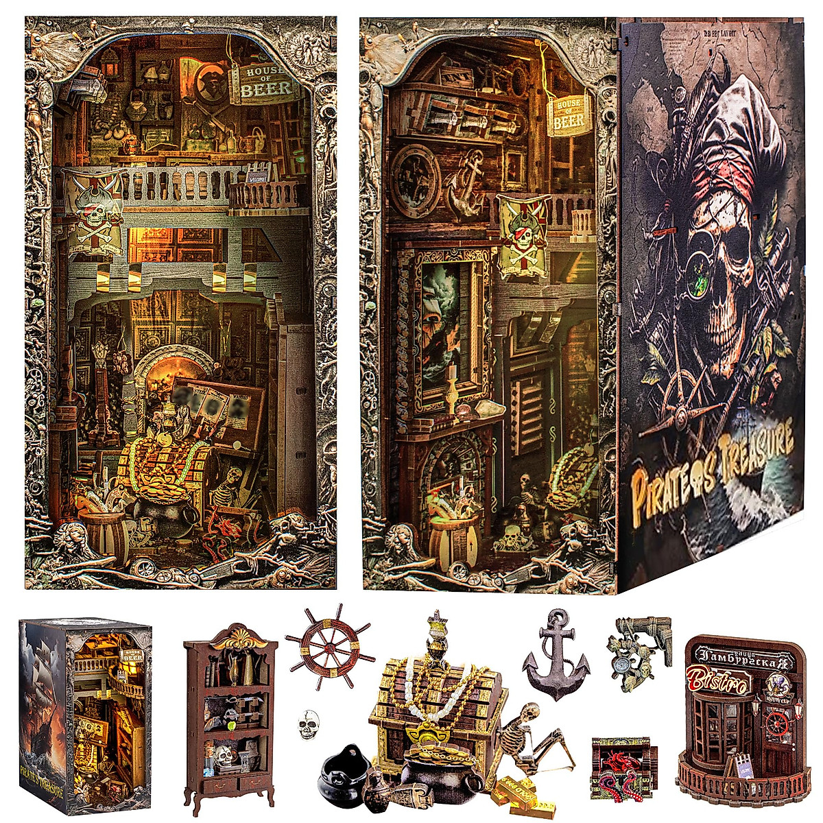 Wimlade Book Nook Kits for Adults, 3D Pirate Ship Puzzle DIY Miniature House Kit for Bookshelf Insert Decor, Wooden Puzzles for Adults with LED Lights, Halloween/Christmas Gifts for Adults and Teens
