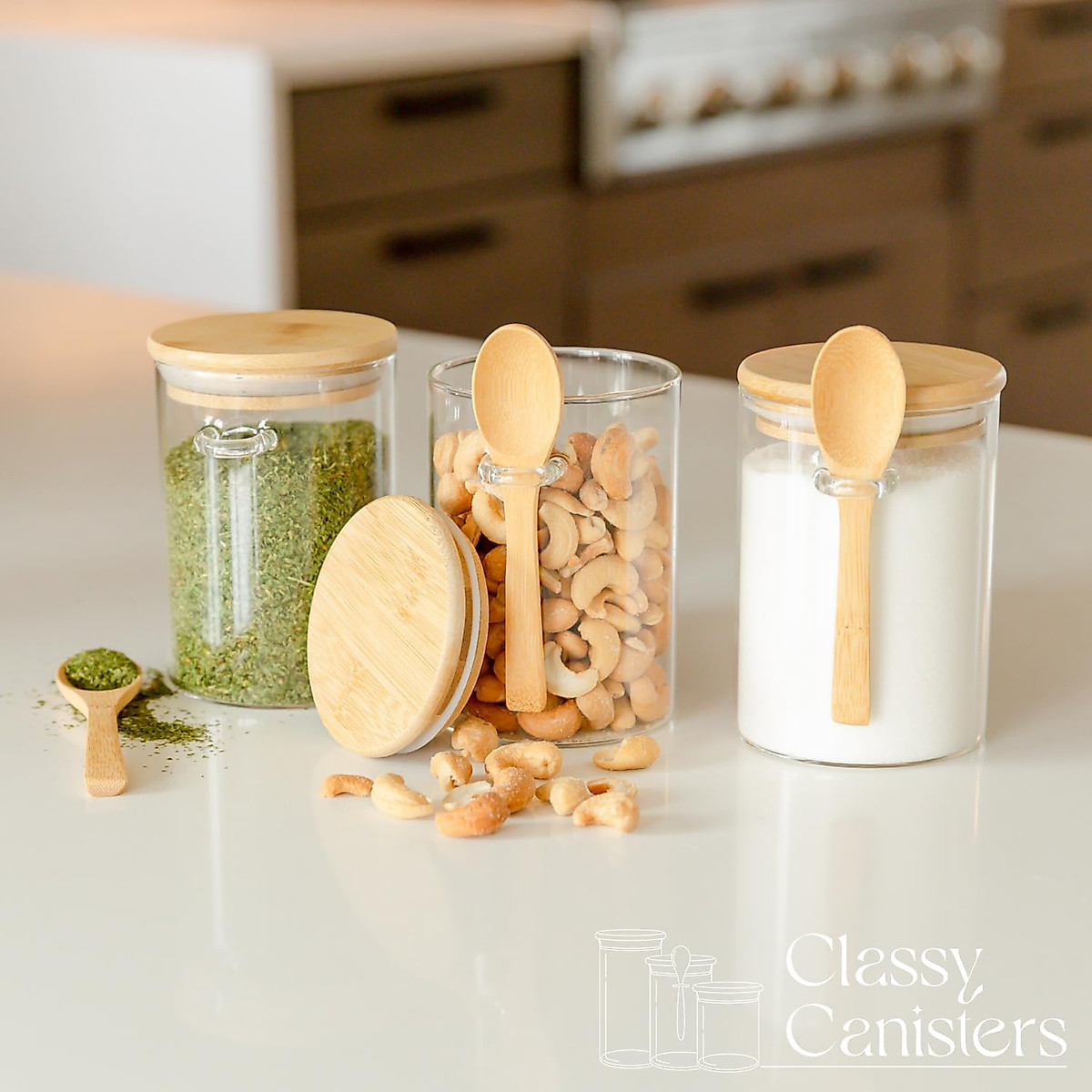 Set of 3 Airtight Glass Jars with Bamboo Lids & Bamboo Spoons - Decorative & Durable 17-Oz Borosilicate Glass Canisters Hold Coffee Beans, Tea, Flour, Sugar, Nuts, Candy, Bath Salts & More