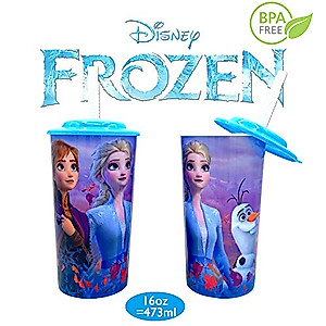 Disney Frozen 2 Elsa Anna Drink Tumblers with Lid, Reusable Straw Set for Kids Girls Toddlers, Pack of 2 - Safe BPA free by Zak design,16 ounces
