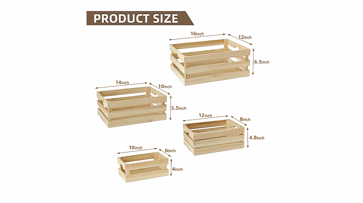 Large Wooden Crates Set of 4 Unfinished Rustic Storage Boxes
