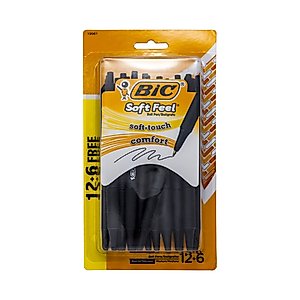 BIC Soft Feel soft touch comfort black ink ball pens 12+6