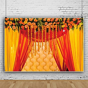YongFoto 8x6ft Happy Diwali Backdrop Banner Indian Traditional Backdrop Happy Holi Backdrop Hindu Indian Wedding Background Flower Garland Yellow Tulle Curtain Anniversary Backdrop