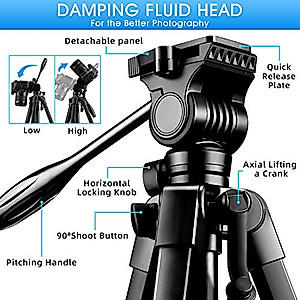 Tripod, 60-Inch Camera Tripod Stand Aluminum for Photography Canon Nikon Sony with Fluid Head & Carry Bag, Lusweimi Video Tripod with Universal Phone Mount & Wireless Remote for iPhone Android Phone