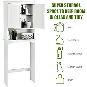 Giantex Over The Toilet Bathroom Space Saver Free Standing Toilet Rack with Adjustable Inner Shelf, Open Shelf and Double Doors 3-Shelf Bathroom Organizer, White