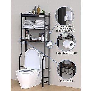 Livilord Over Toilet Storage Shelf, 3-Tier Freestanding Over The Toilet Storage, Metal Bathroom Shelves with Paper Holder and 4 Hooks, Above Toilet Shelf for Bathroom Storage, Black