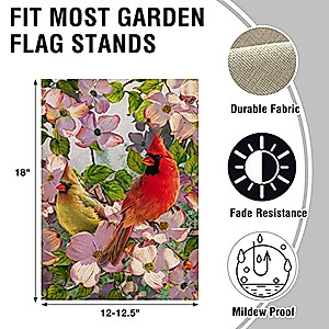 Artofy Cardinals Spring Home Decorative Garden Flag, House Yard Lawn Summer Welcome Decor Red Yellow Birds Dogwood Flowers, Floral Outside Decorations Outdoor Small Burlap Flag Double Sided 12 x 18
