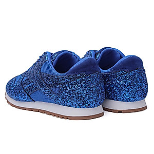 Womens Glitter Sneakers Lace up Girls Sparkly Fashion Sneakers Outdoor Flats Breathable Lightweight Sparkly Metallic Sequins Casual Sparkle Round Toe Flatform Walking Shoes Tennis Shoes Royal Blue 38