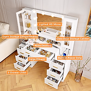 elifine Vanity Desk with Mirror and Lights & Charging Station, Makeup Vanity Mirror with 3 Colors Lighting Adjustable Brightness, Large Dressing Table with Nightstand, 7 Drawers & 2 Cabinets