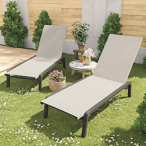 FHVIT Patio Chaise Lounge Set of 2 with 5 Adjustable Backrest, Foldable Aluminum Chaise Lounge Chair Recliner for Outdoor, Poolside, Sun Tanning