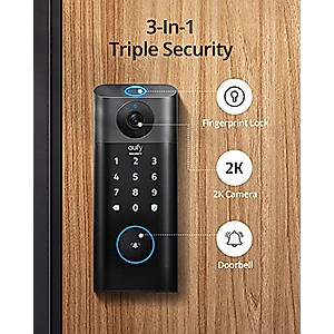 eufy Security S330 Video Smart Lock, 3-in-1 Camera+Doorbell+Fingerprint Keyless Entry Door Lock,BHMA, WiFi Door Lock,App Remote Control,2K HD,Doorbell Camera with Chime,No Monthly Fee,SD Card Required