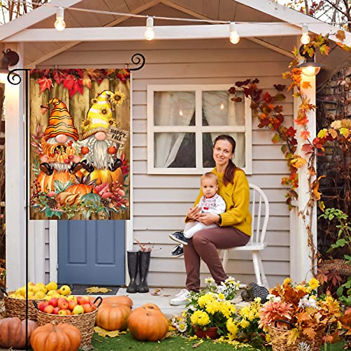 JOPHMO Fall Garden Flag, Happy Fall Gnomes Pumpkins Small Garden Flags 12x18 Inch, Double Sided Vertical Burlap Yard Flag Home Seasonal Outdoor Decor