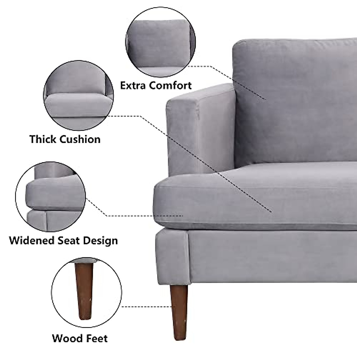 MIYZEAL Velvet Large Couch, 72-inch Tufted Upholstered Sofa with Thick Cushion, Comfy 3 Seater Sleeper Sofa with Wood Legs, Mid-Century Modern Couches for Compact Space Living Room Bedroom (Gray)