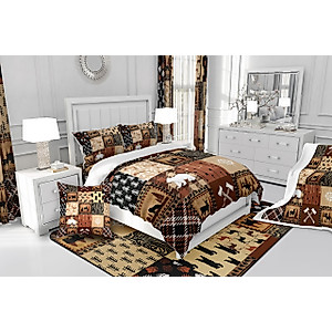 Bear Comforter Set Cute Elk Print Bedding Set for Teens Farmhouse Wild Animals Style Bedding Set Plaid Grid Geocmetric Brown Black Duvet Set Room Decor 2Pcs with 1 Pillow Case Twin Size