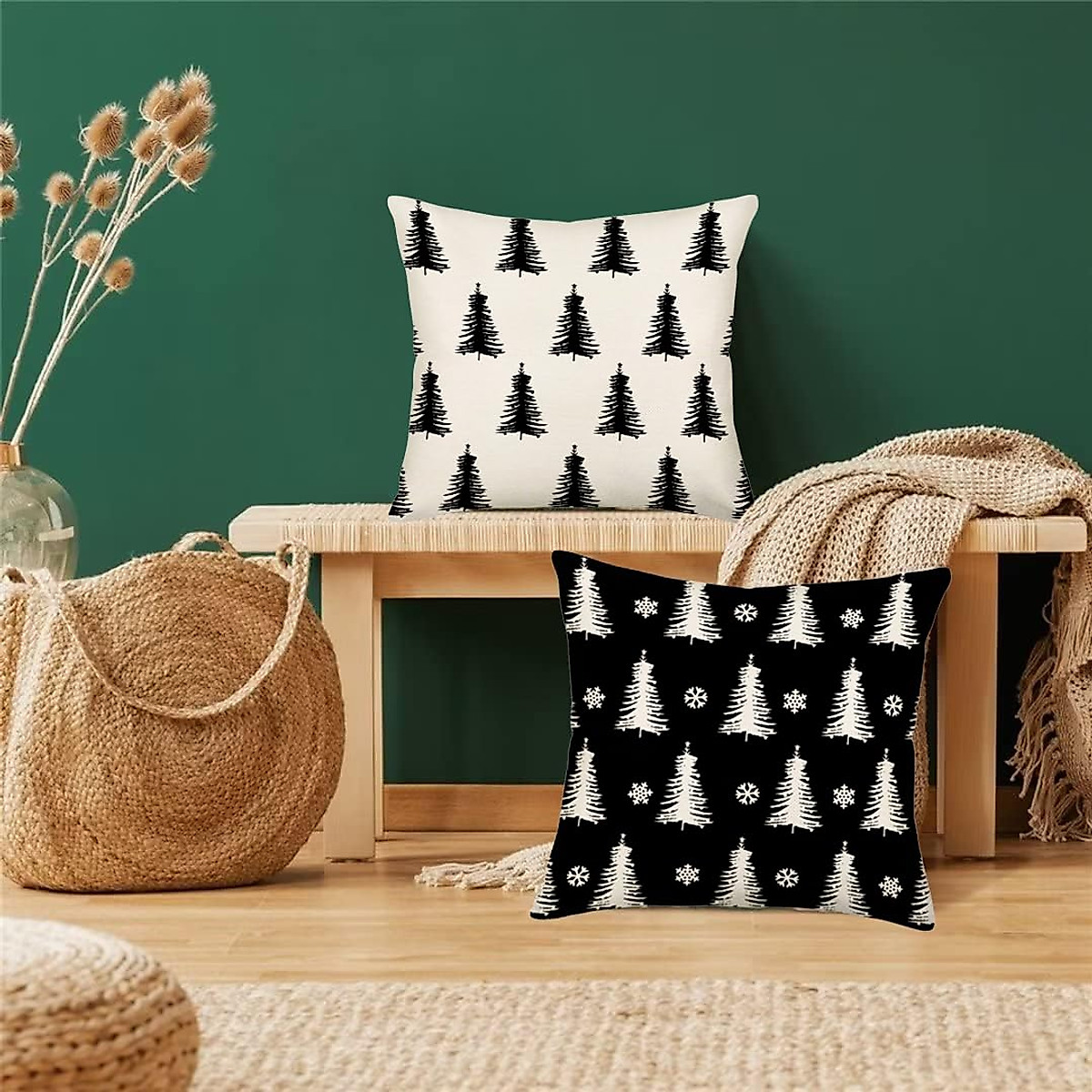 Easternproject Black and White Christmas Tree Decorations Pillow Covers 24x24 Inch Set of 2 Merry Christmas Trees Snowflake Throw Pillow Cover Xmas Winter Holiday Farmhouse Decor Cushion Case