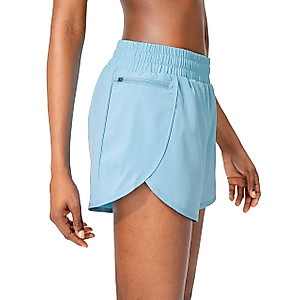 Soothfeel Womens Running Shorts with Zipper Pockets High Waisted Athletic Gym Workout Shorts for Women with Liner Light Blue