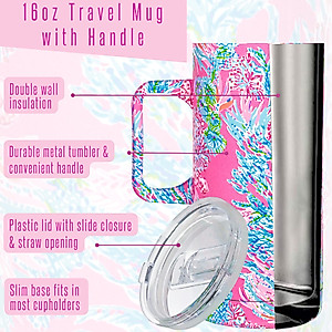 Lilly Pulitzer 16 Oz Travel Mug with Handle and Lid, Stainless Steel Insulated Coffee Tumbler, Double Wall Metal Cup, Seaing Things