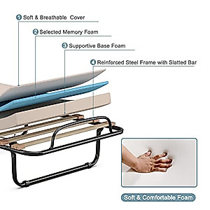 KOMFOTT Folding Rollaway Bed with Mattress, Foldable Bed with Memory Foam Mattress for Adults, Portable Fold Up Guest Bed with Sturdy Steel Frame on Wheels for Home & Office, Made in Italy (Beige)