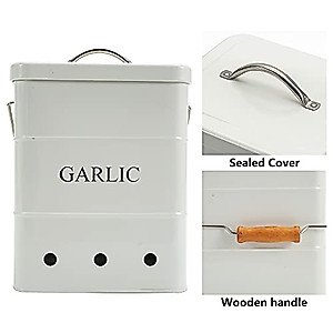 Garlic Container with Lid and handle, Sealed Food Storage Bin for Kitchen, Vegetable Fresh Keeper with Aerating Tin Storage Holes (White)
