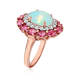 Ross-Simons Ethiopian Opal, 1.50 ct. t.w. Pink Tourmaline and .60 ct. t.w. White Topaz Ring in 18kt Rose Gold Over Sterling. Size 10
