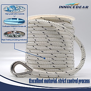 INNOCEDEAR Double Braided Nylon Anchor Rope(White Reflective, 3/8" x 100',1/2" 150') Anchor Line/Boat Anchor Rope with Stainless Steel Thimble, Quality Marine Rope, Boat Accessories