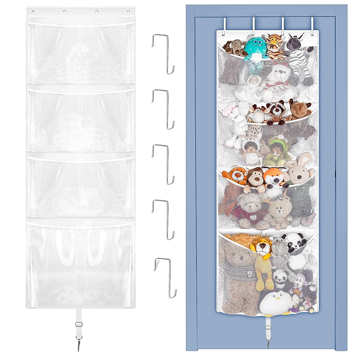 Woodoulogy Hanging Stuffed Animal Storage, Over Door Large Plush Toy Organizer with Metal Hook, Baby Accessory Holder Idea for Nursery, Doll & Bear Mesh Hammock Bag for Girl Boy Kid Room