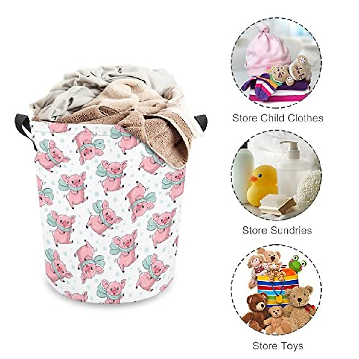 Cute Cartoon Pigs Foldable Laundry Basket Waterproof Hamper Storage Bin Bag with Handle 16.5"x 16.5"x 17"