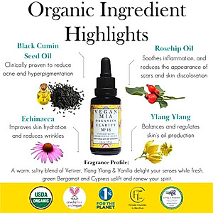 Vegan - USDA Organic Clarity Brightening & Balancing Concentrated Face Oil Serum - with Black Seed Oil, Jojoba Oil, Green Tea, Neem, Maracuja, Rosehip Seed Oil and More Facial Oils - Reveal Visibly Clearer, Smoother, More Radiant Skin Naturally, 0.5 fl oz