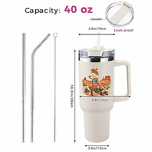 40 Oz Insulated Tumbler with Handle and Straw,Hat Girl In Desert Stainless Steel Vacuum Insulated Travel Mug,Leak-proof Water Bottle Iced Coffee Cup,Rustic Cartoon Western Cowgirl
