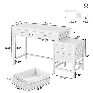 Tribesigns Computer Desk with 5 Drawers, Home Office Desks with Reversible Drawer Cabinet Printer Stand, Industrial PC Desk with Storage, White Study Writing Table Workstation for Small Spaces