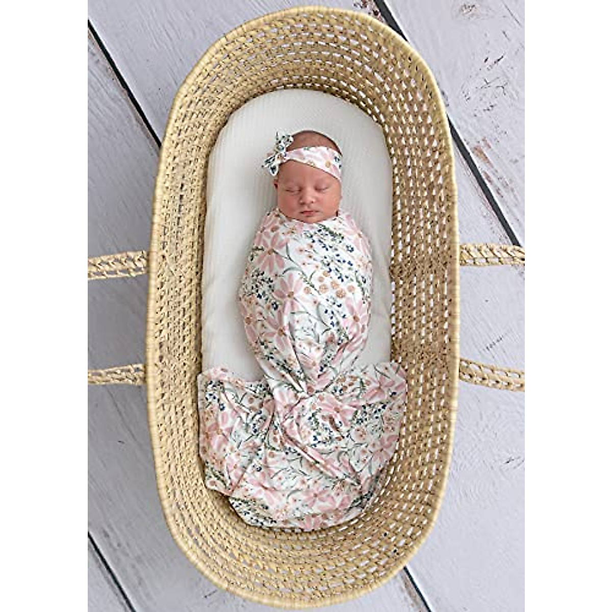 Vollmic Newborn Baby Girl Receiving Blanket Swaddle Blanket Stretchy Knit Swaddle Set with Matching Headband (Golden Flower)
