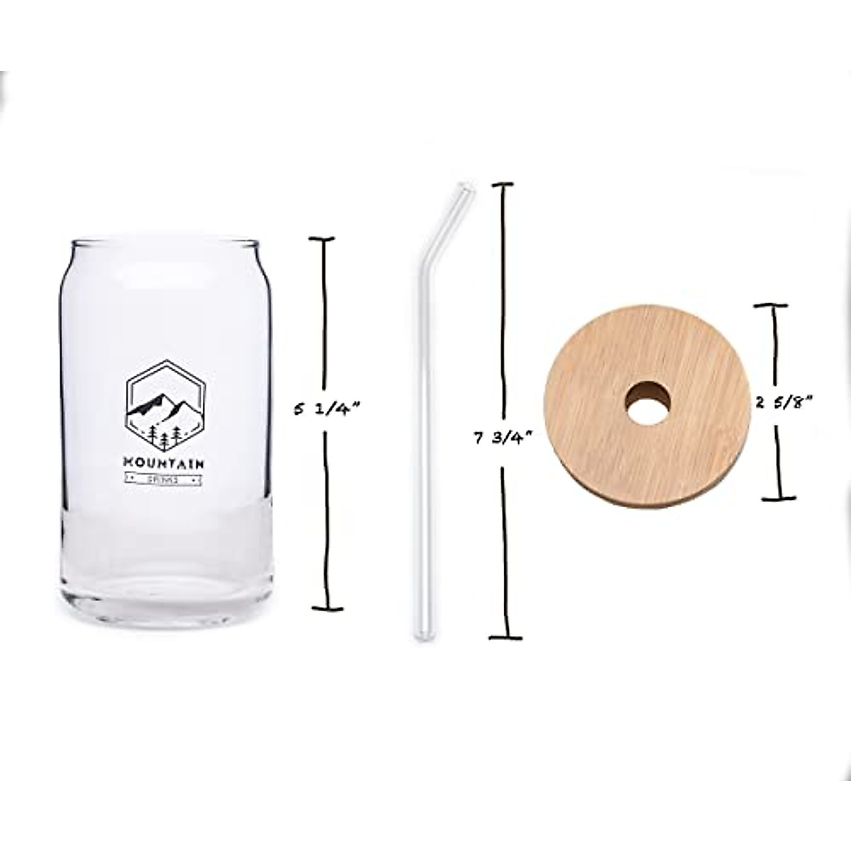 Mountain Drinks Drinking Glasses - 2 Pack Strong Borosilicate Libby Glasses - Bamboo Lids, Glass Straws - 16oz Can Shaped Glass for Beer, Iced Coffee, Water, or Gifts