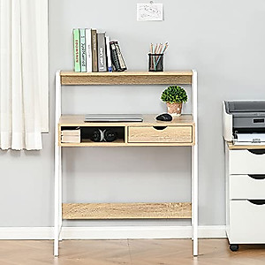 HOMCOM Home Office Desk, Computer Desk for Small Spaces, Writing Table with Drawer and Storage Shelves, Natural