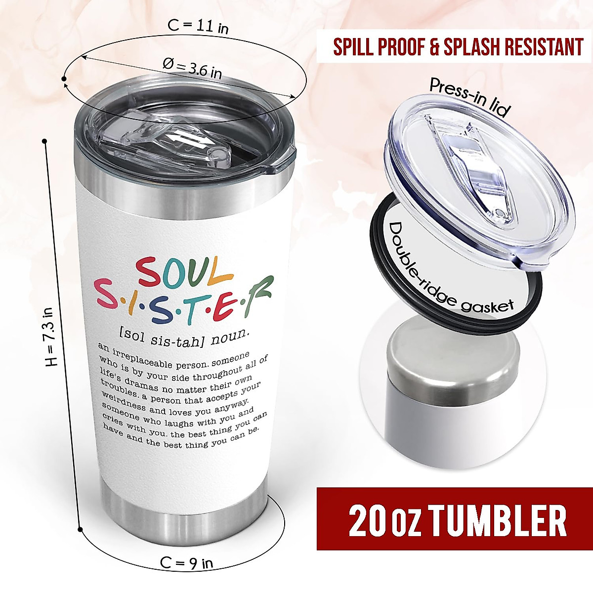 TEEZWONDER Soul Sister Gifts for Women - Stainless Steel Insulated Coffee Tumbler With Lid 20 Oz - Birthday Mothers Day Gifts for Friendship Women Friend BFF Female Work Bestie Coworkers